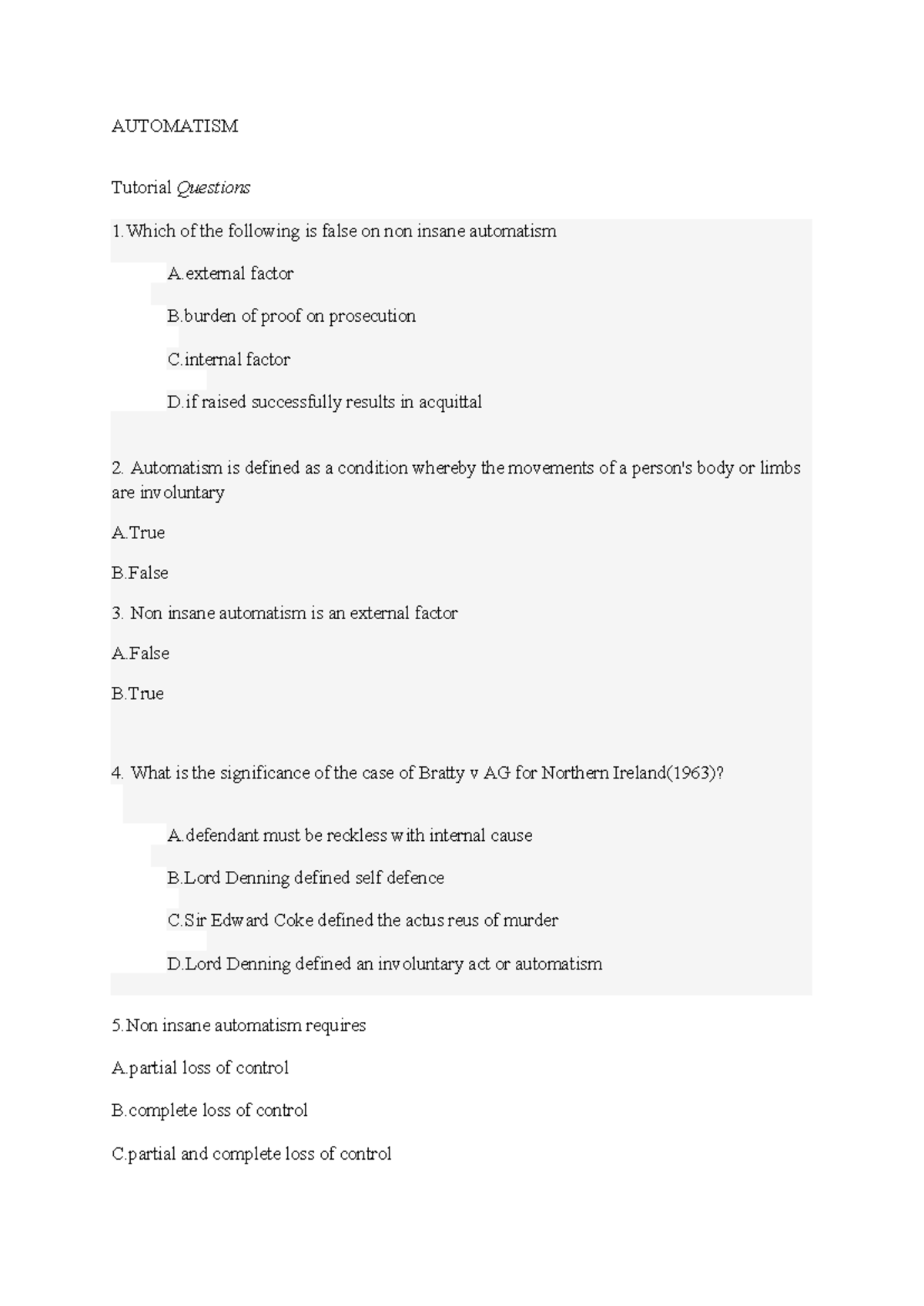 Automatism Tutorial - no answer - AUTOMATISM Tutorial Questions 1 of ...