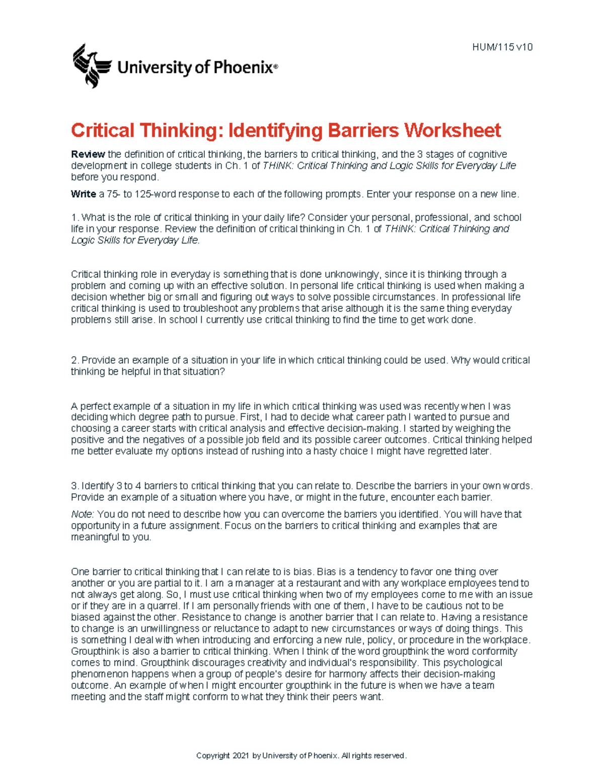 Hum115 v10 wk1 critical thinking identifying barriers worksheet - HUM ...