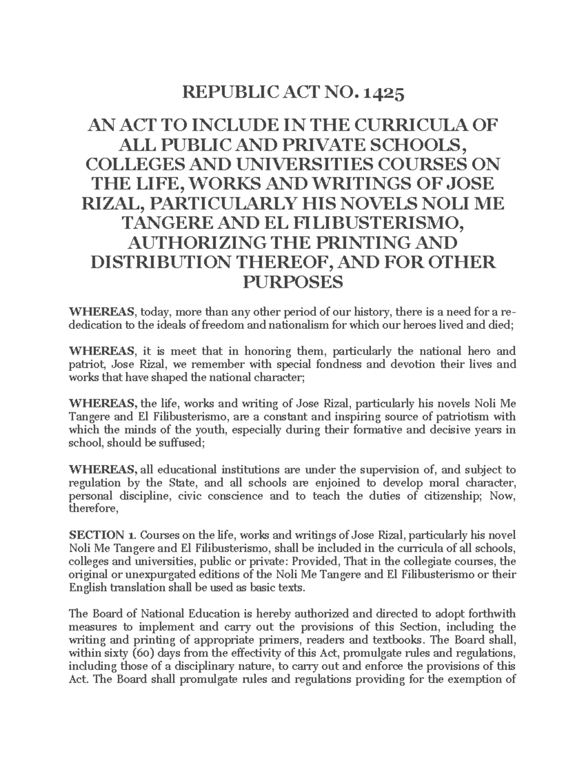 Republic act 1425 - week1 GE 9 - REPUBLIC ACT NO. 1425 AN ACT TO ...