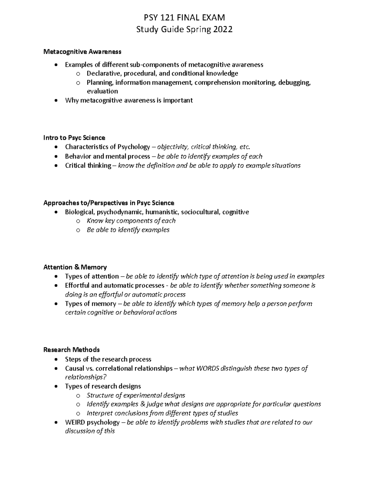 PSY121 final studyguide S22 - PSY 121 FINAL EXAM Study Guide Spring 2022 Metacognitive Awareness ...