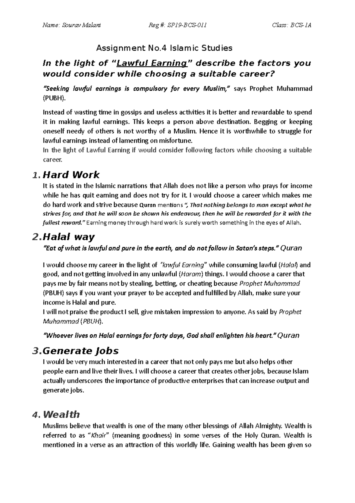 Assignment No 4 - Islamic Studies Comsats first semster - Name: Sourav ...