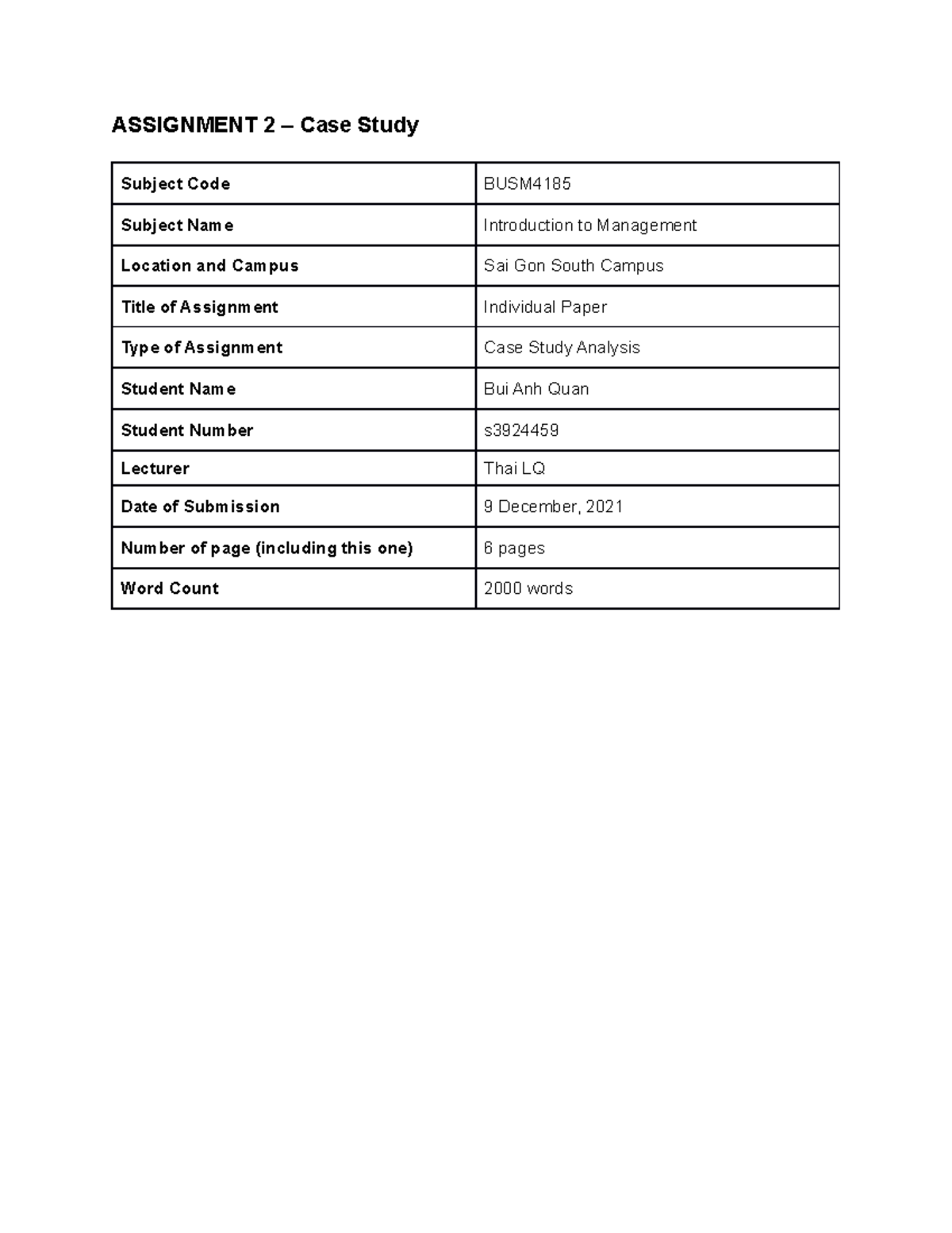 ITM-Assignment 2-Case Study-Bui Anh Quan (80/100) - ASSIGNMENT 2 – Case Study Subject Code BUSM ...
