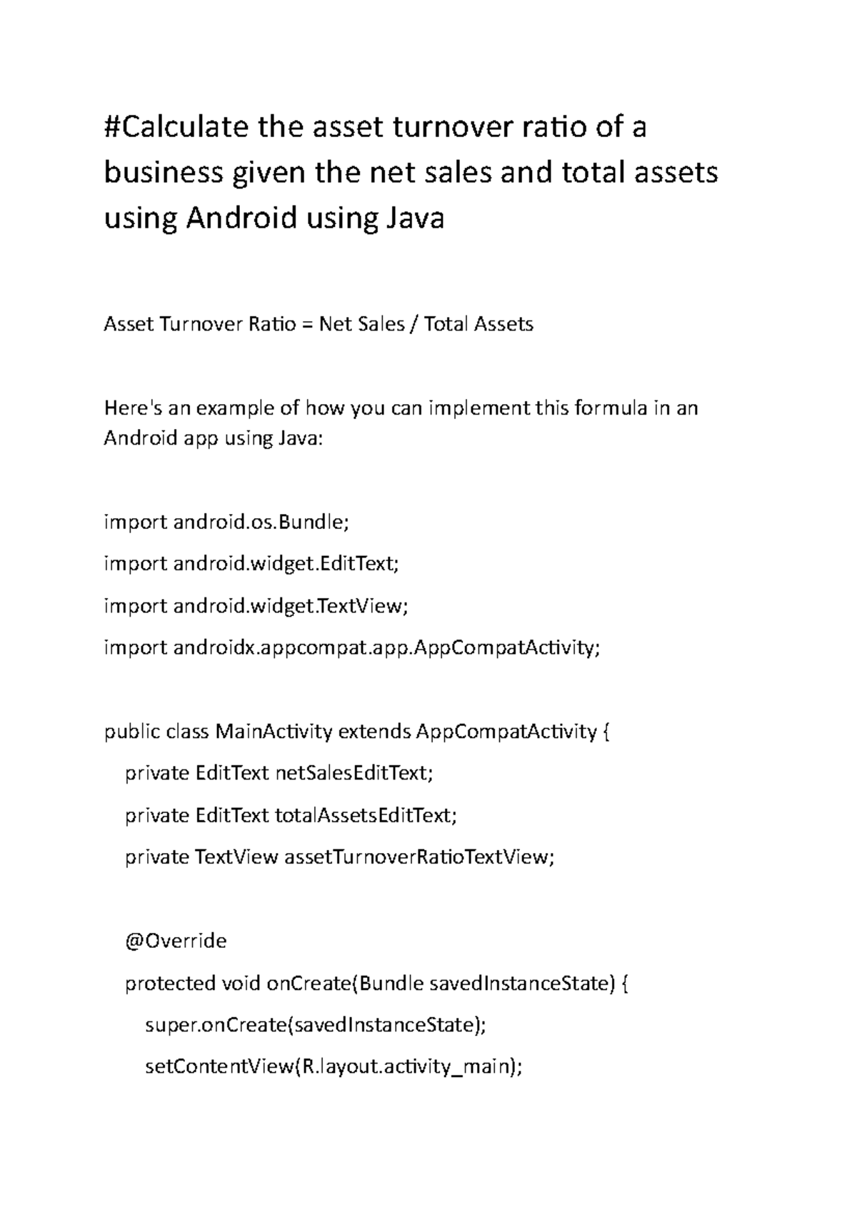 Net sales and total assets using Android using Java - #Calculate the asset turnover ratio of a ...
