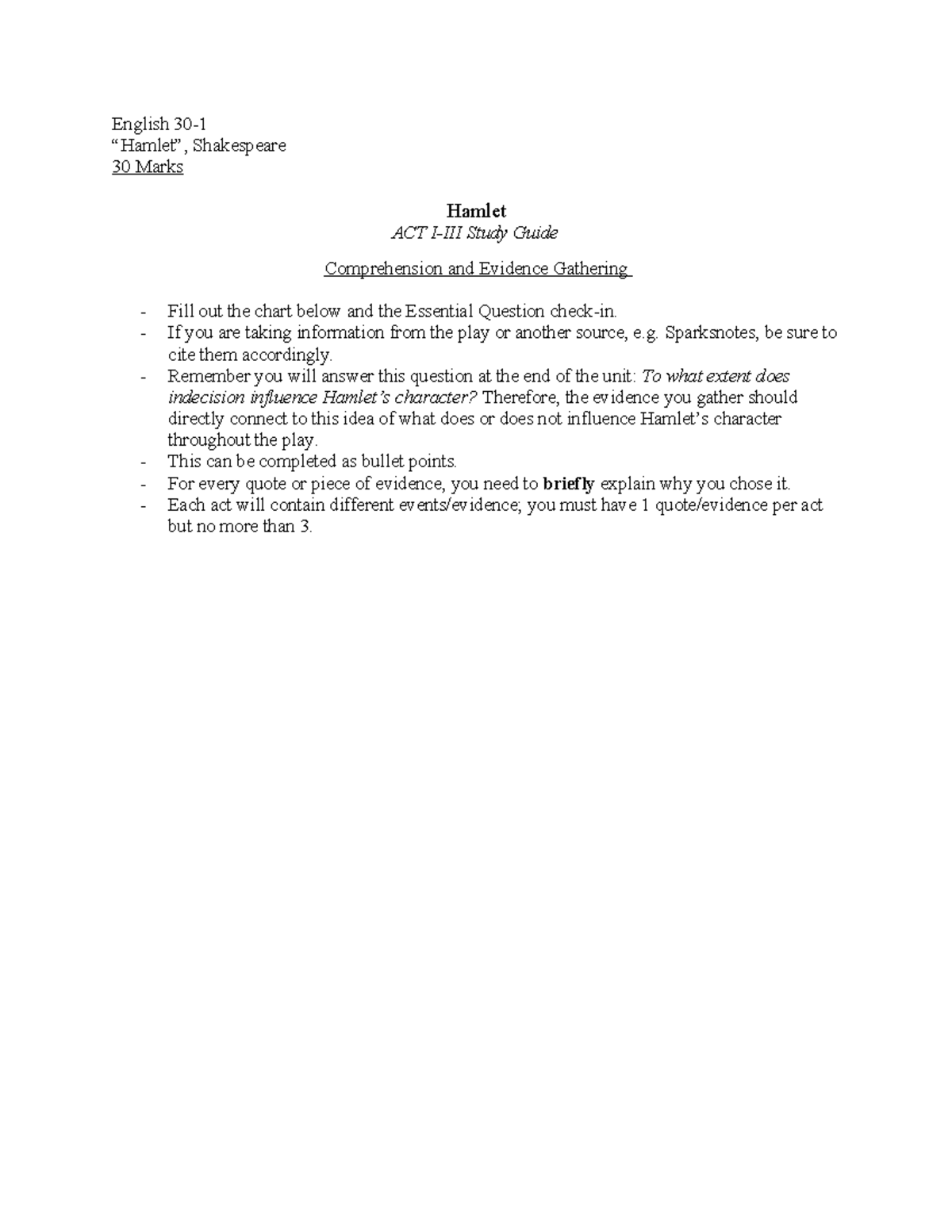 Hamlet Act I-III (V3) - English 30- “Hamlet”, Shakespeare 30 Marks ...