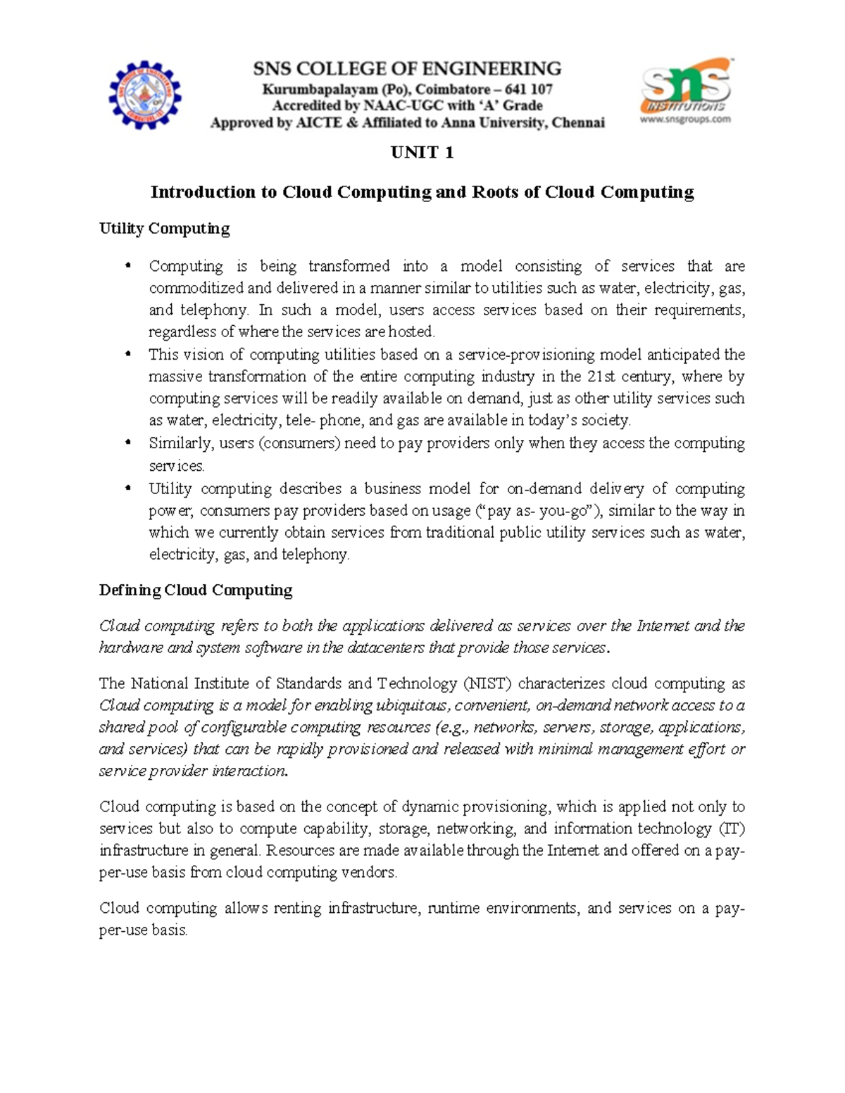 1566440091 - Lecture notes 2 - UNIT 1 Introduction to Cloud Computing ...