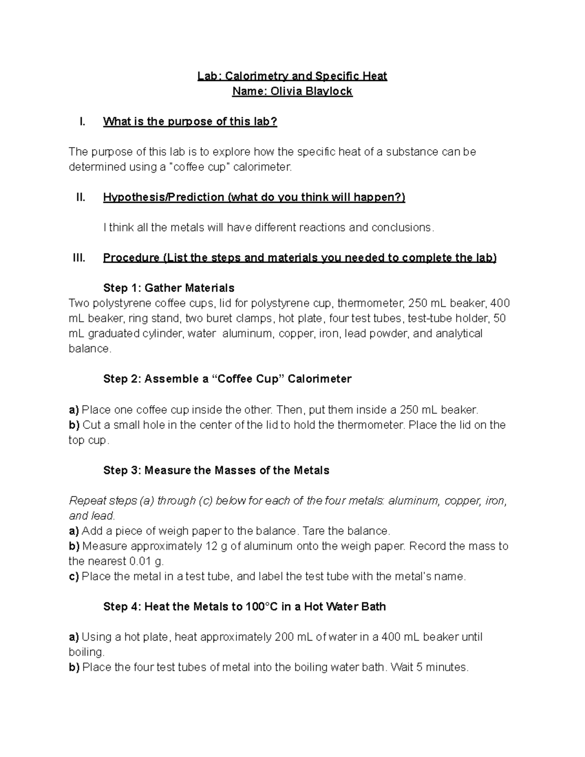 Lab Calorimetry and Specific Heat Olivia Blaylock (2) - Lab ...
