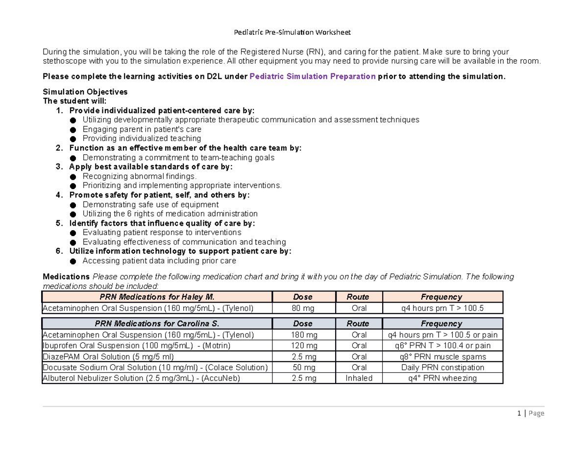 NUR 158 Pre-Simulation Worksheet 1 - Pediatric Pre-Simulation Worksheet ...