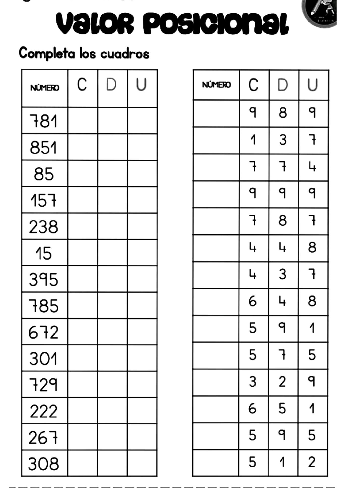 Actividades de Valor posicional - VALOR POSICIONAL Completa los cuadros ...