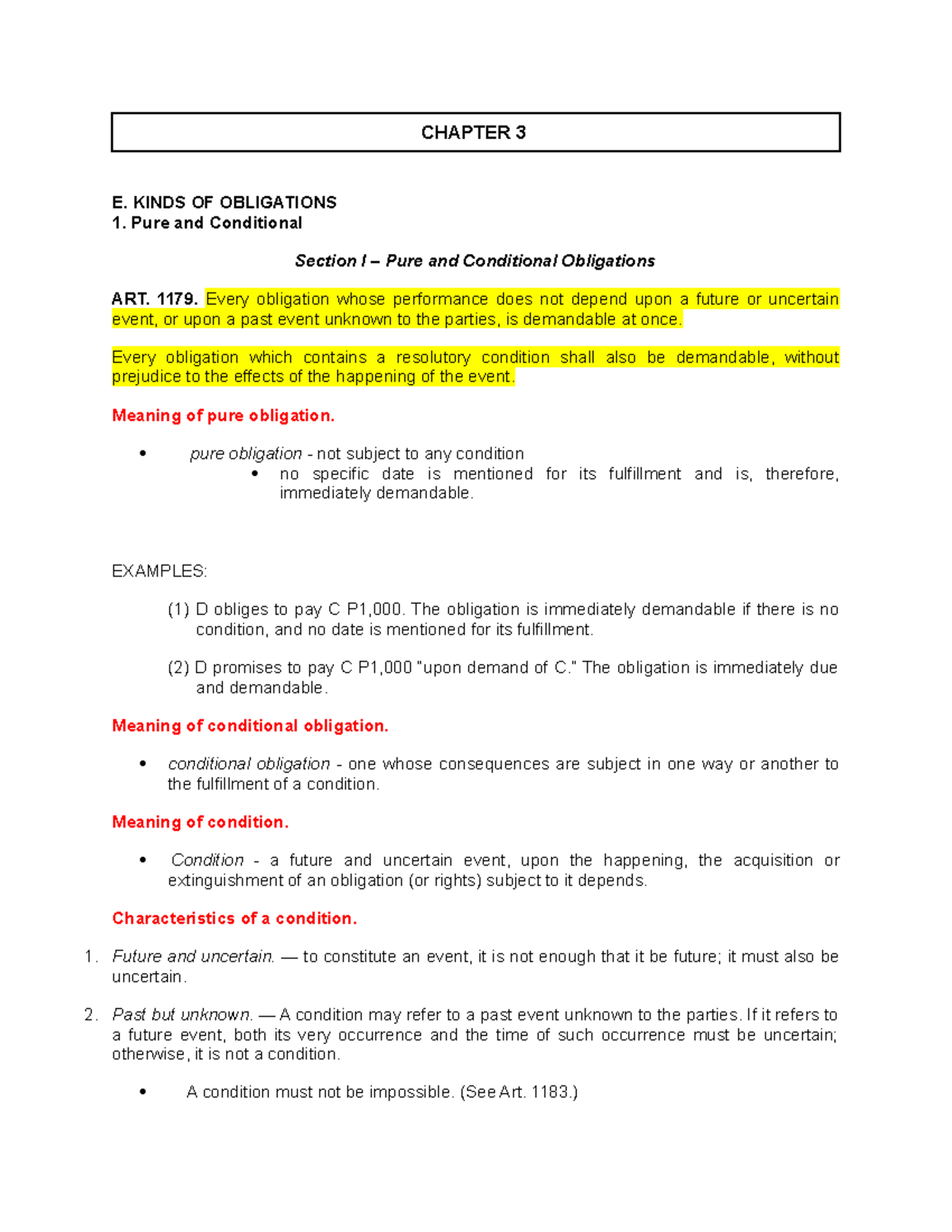 Law on Obligations and Contract - Chapter 3 - CHAPTER 3 E. KINDS OF OBLIGATIONS Pure and ...
