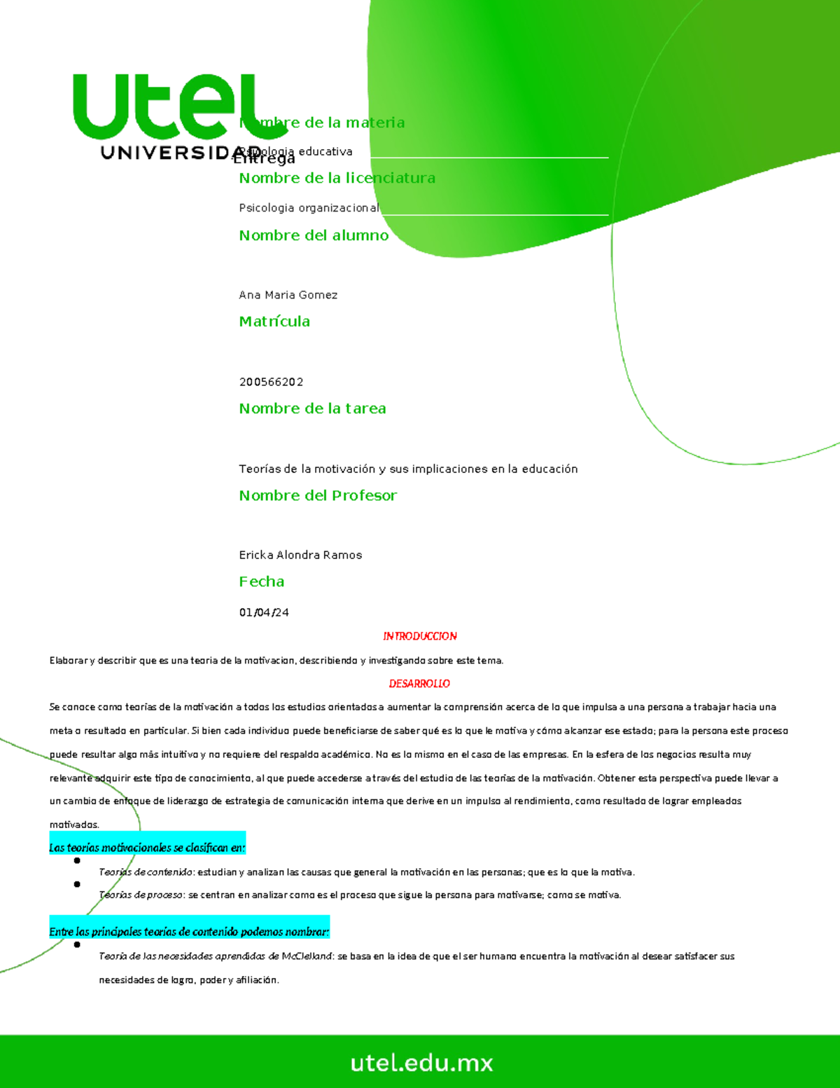 Tarea semana 4. - Nombre de la materia Psicologia educativa Nombre de la licenciatura Psicologia ...