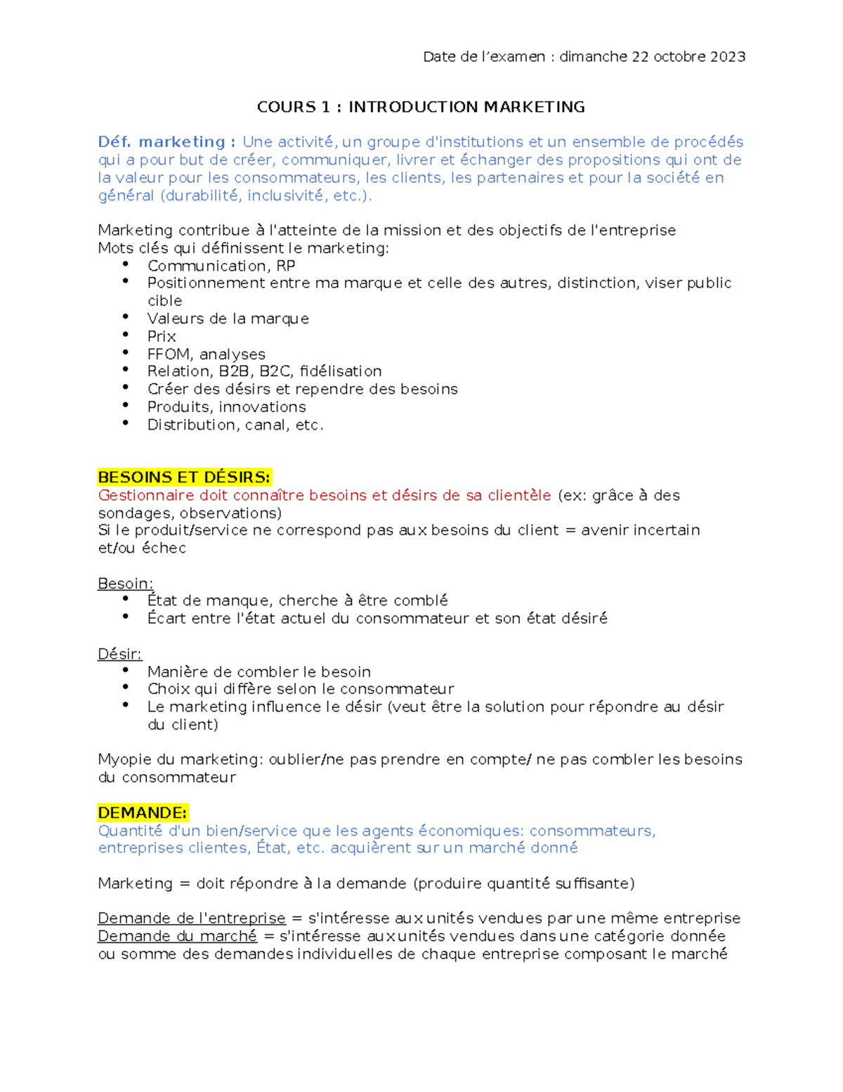 Document d'étude cours 1-6 - COURS 1 : INTRODUCTION MARKETING Déf. marketing : Une activité, un ...