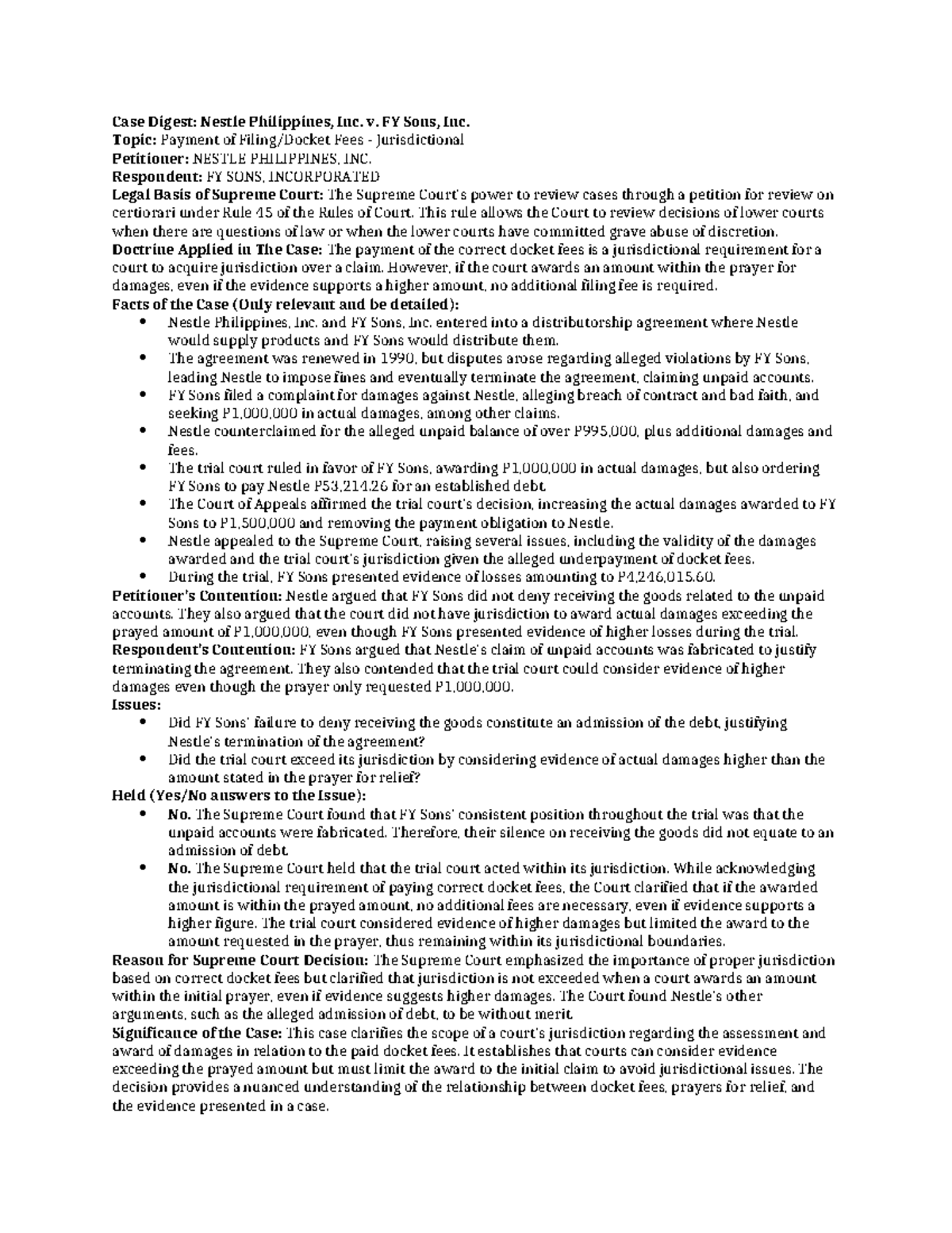 Nestle Phils. v. FY Sons, G.R. No. 150780, May 5, 2006 - Case Digest ...