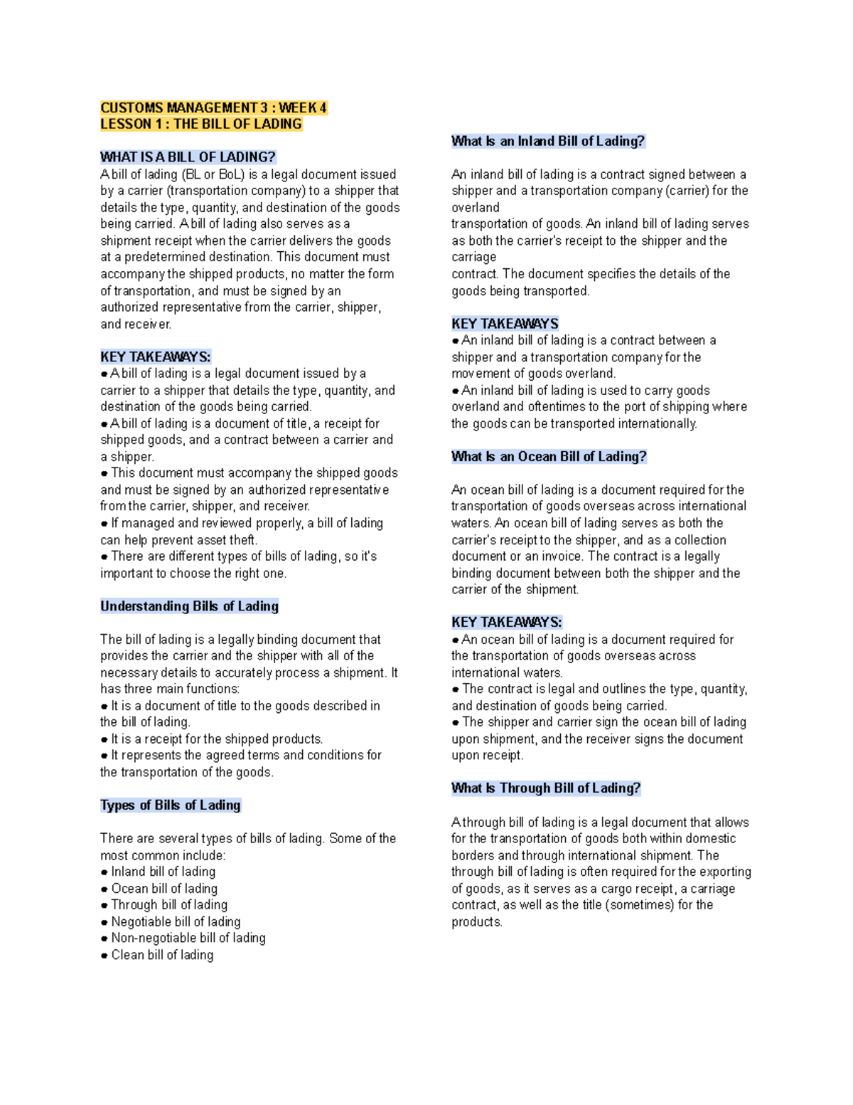 CM3 W4 L1 THE BILL OF Lading - CUSTOMS MANAGEMENT 3 : WEEK 4 LESSON 1 ...
