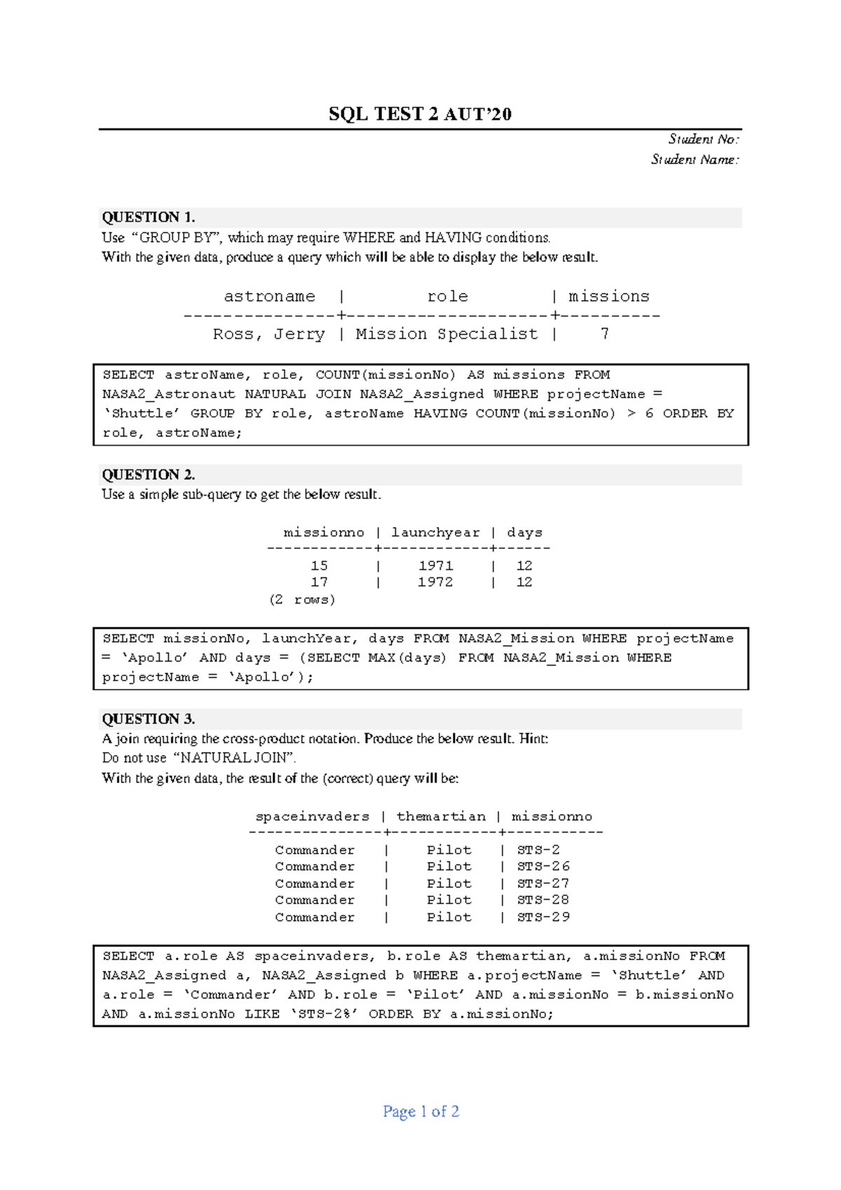 31061 SQL TEST 2 - Page 1 of 2 SQL TEST 2 AUT’ Student No: Student Name ...
