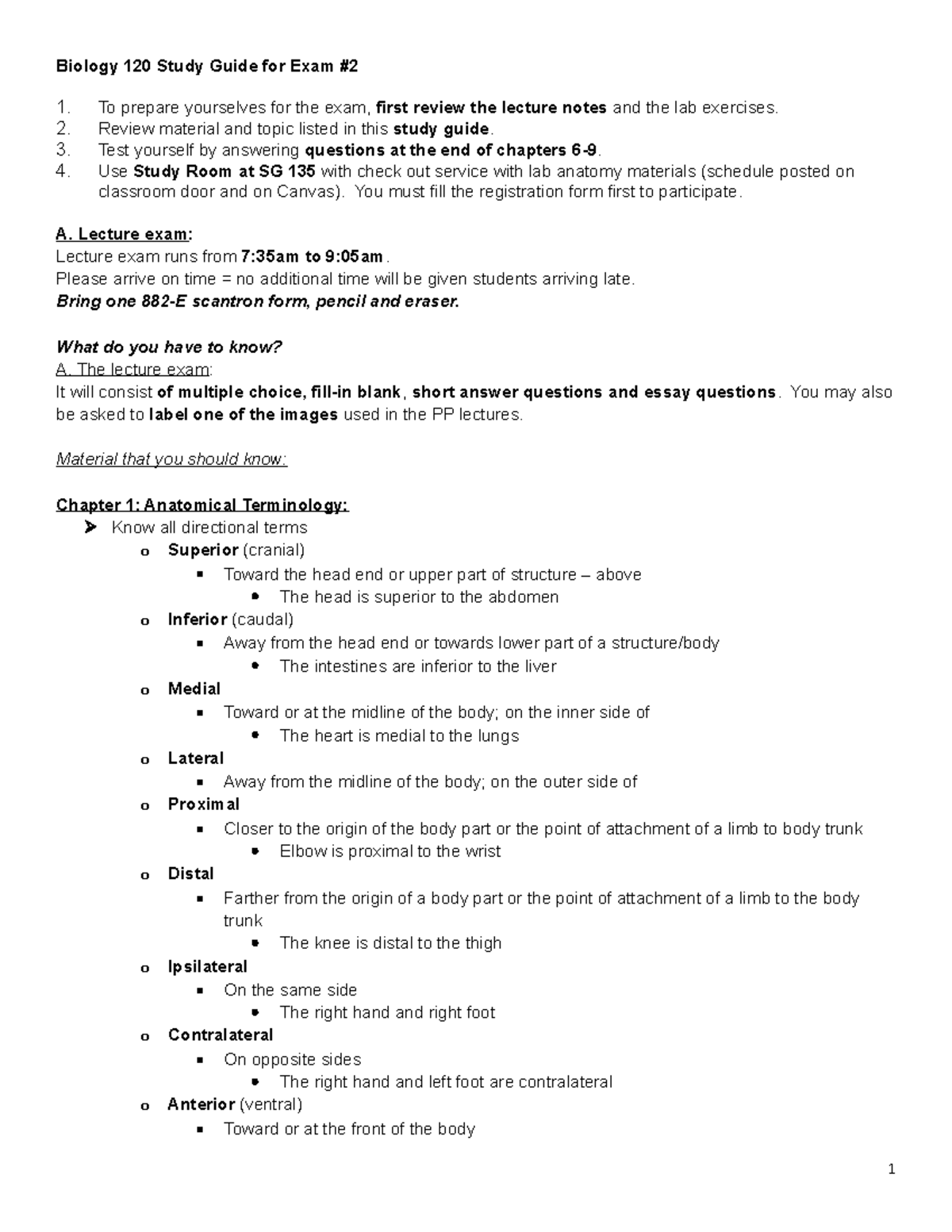 Bio120 Exam 2 SG - anatomy and physiology study guide lecture notes ...