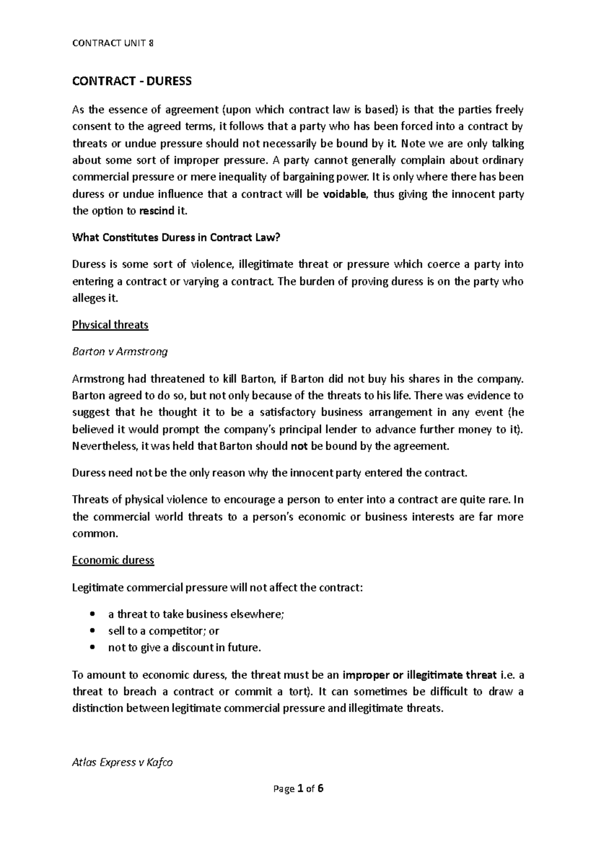 Contract Duress - Assignment - CONTRACT - DURESS As the essence of ...