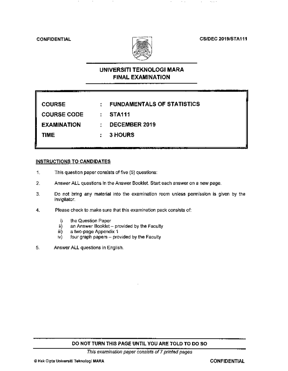 STA111 DEC 2019 - Past year paper (2019) of Statistic subject for Sem 1 ...