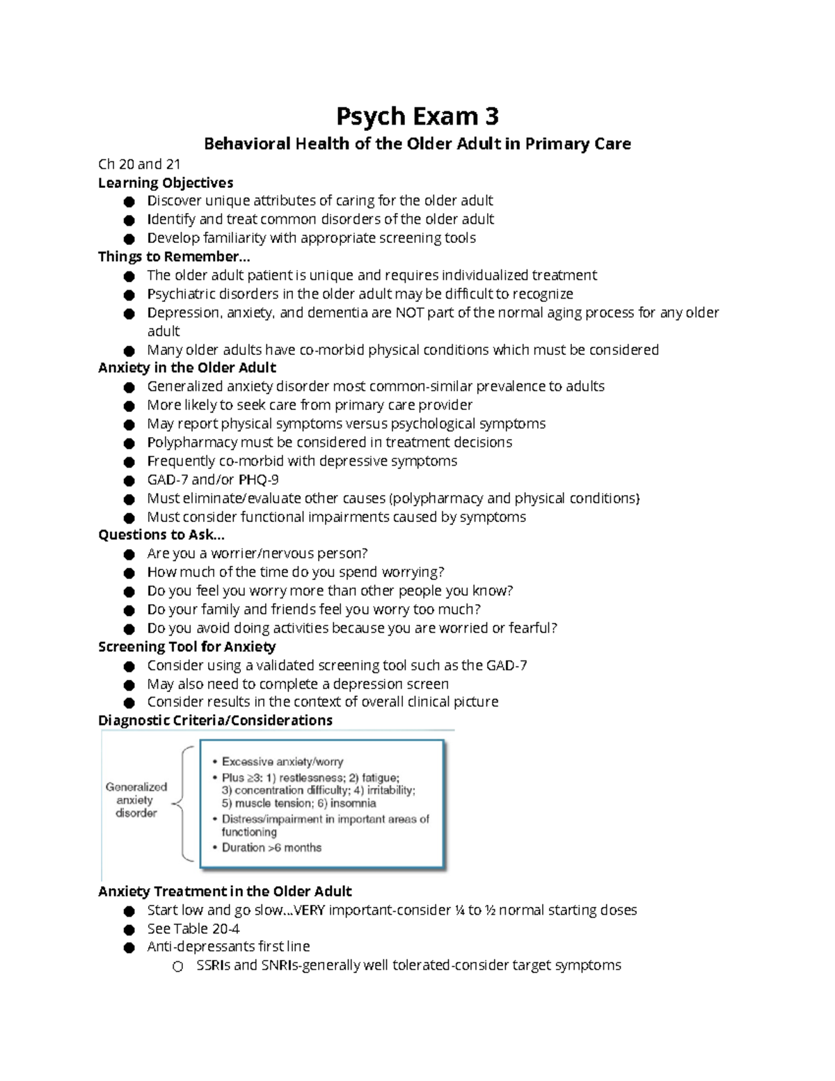 Psych Exam 3 - notes - Psych Exam 3 Behavioral Health of the Older ...