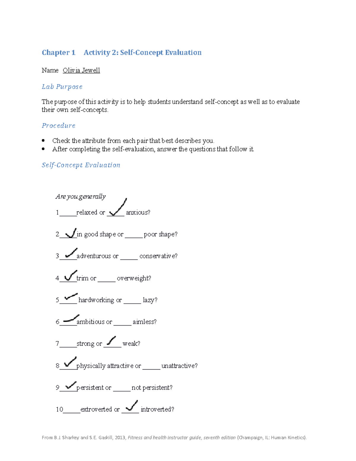 ENS 331 Activity 1 - Chapter 1 Activity 2: Self-Concept Evaluation Name ...