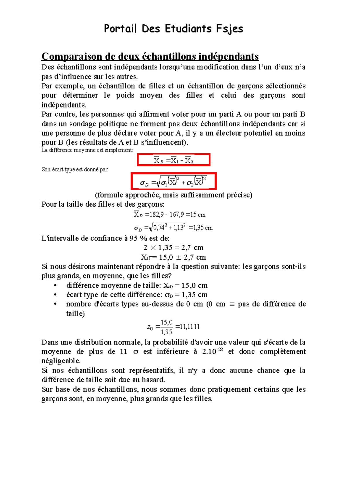 Comparaison de deux echantillons independants - Portail Des Etudiants ...