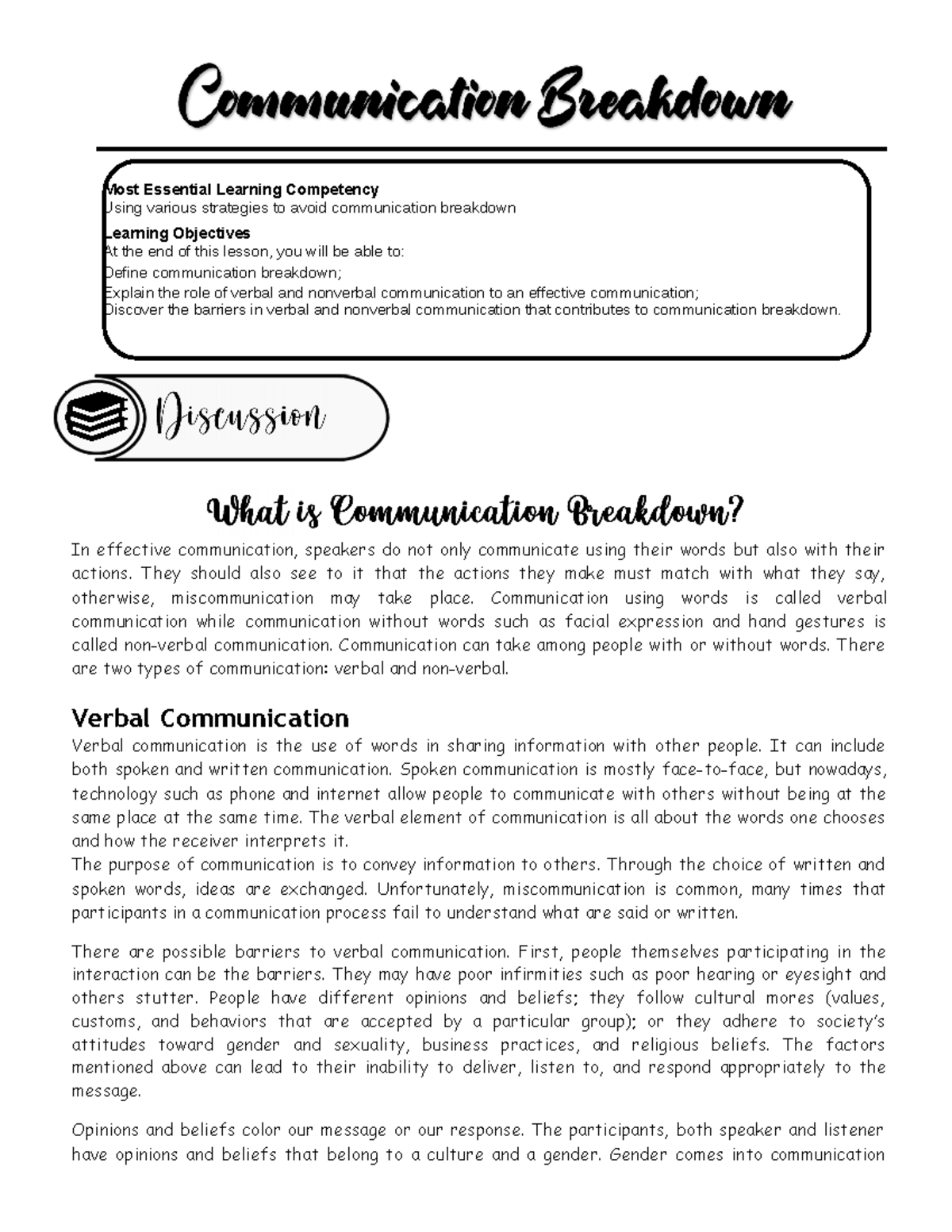 Communication Breakdown Notes - In effective communication, speakers do ...