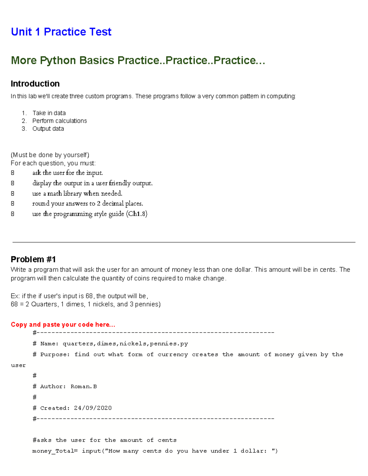 Unit 1 Practice Test-Sept 2020 - Unit 1 Practice Test More Python ...