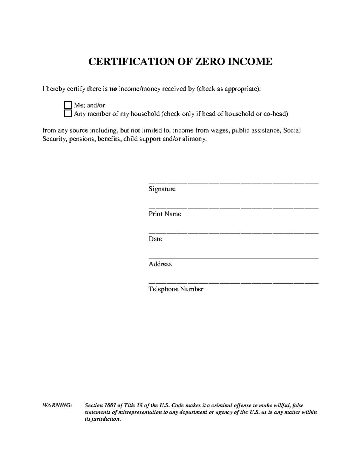 Certification of Zero Income - CERTIFICATION OF ZERO INCOME I hereby ...
