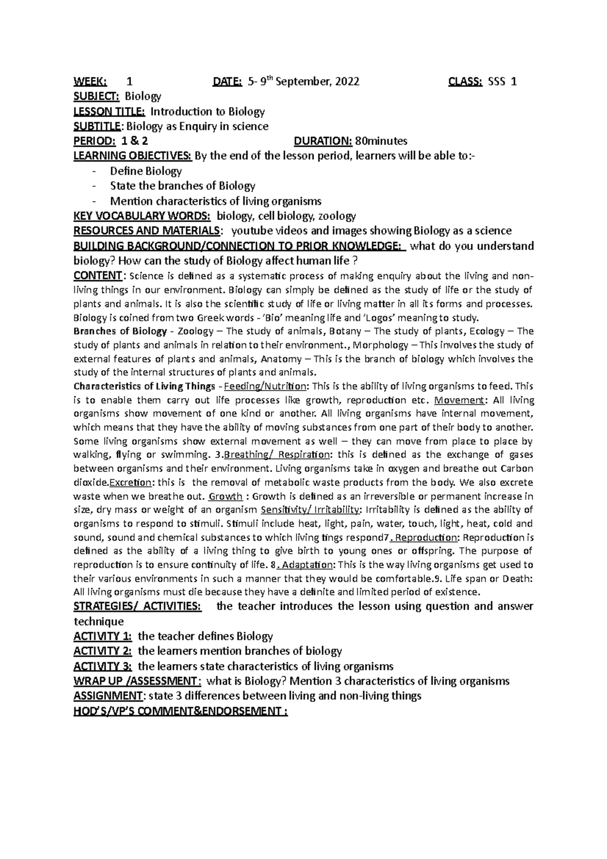 SSS 1 Lessn PLAN Biology first term - WEEK: 1 DATE: 5- 9th September ...