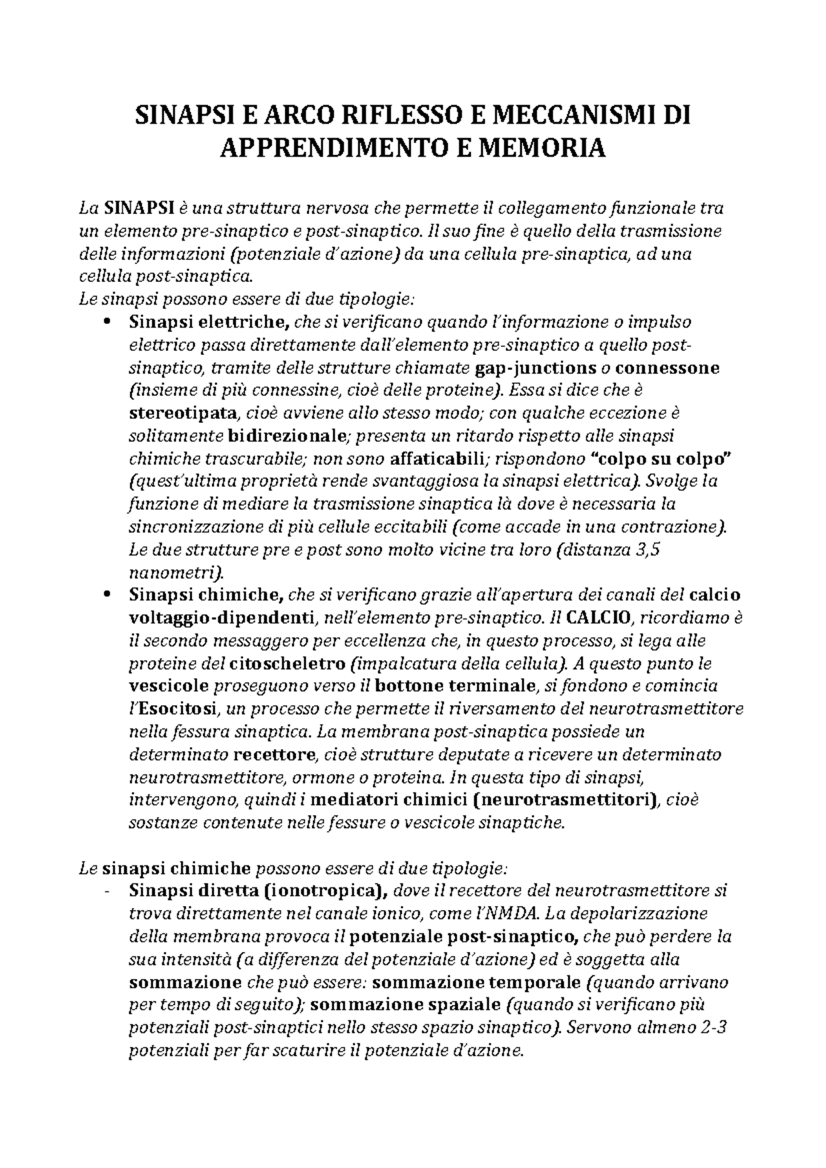 Sinapsi E ARCO Riflesso - SINAPSI E ARCO RIFLESSO E MECCANISMI DI ...