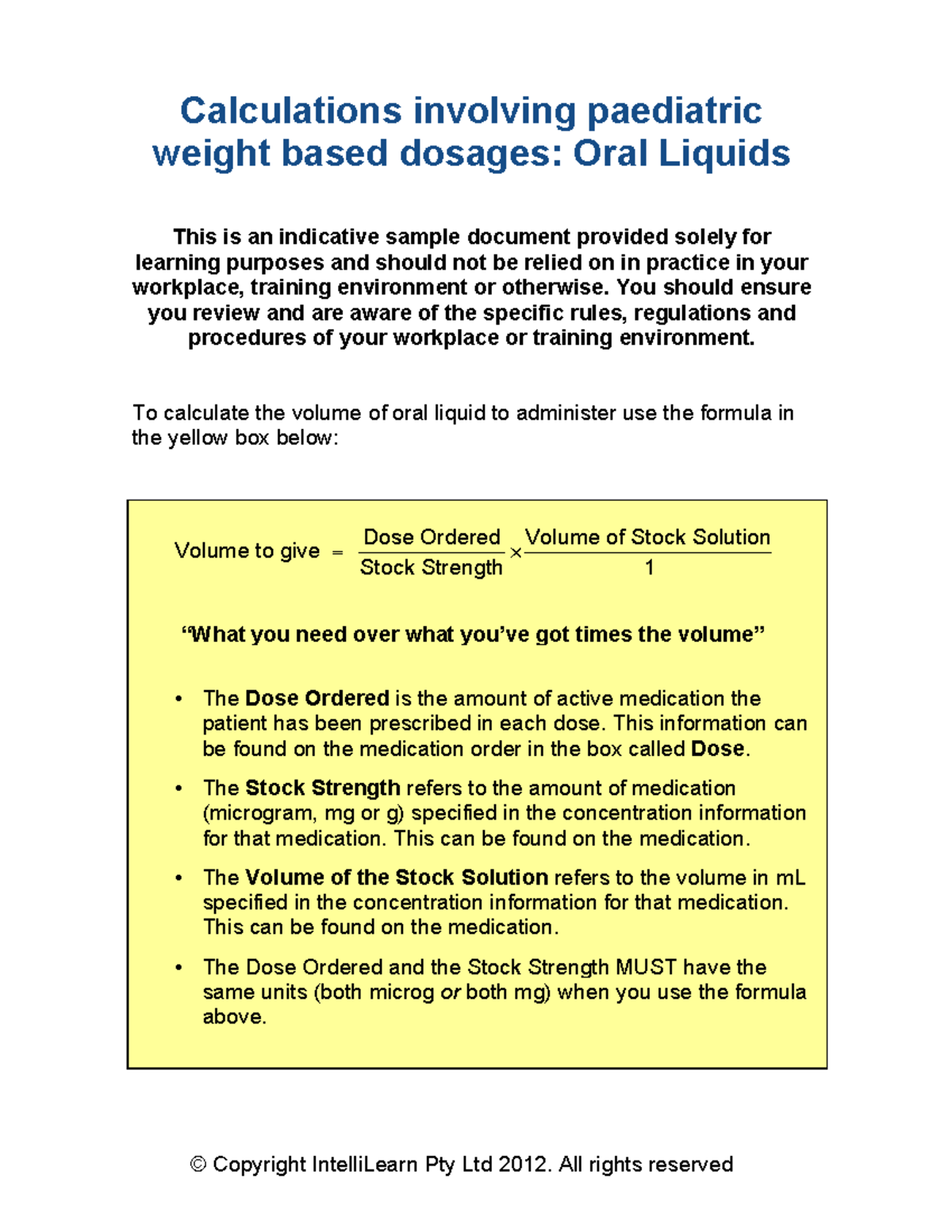 Oral Liquids Paediatric Calculations Involving Paediatric Weight