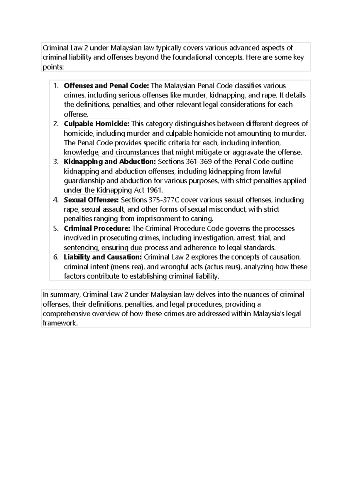 Criminal law 2 notes - Criminal Law 2 under Malaysian law typically ...