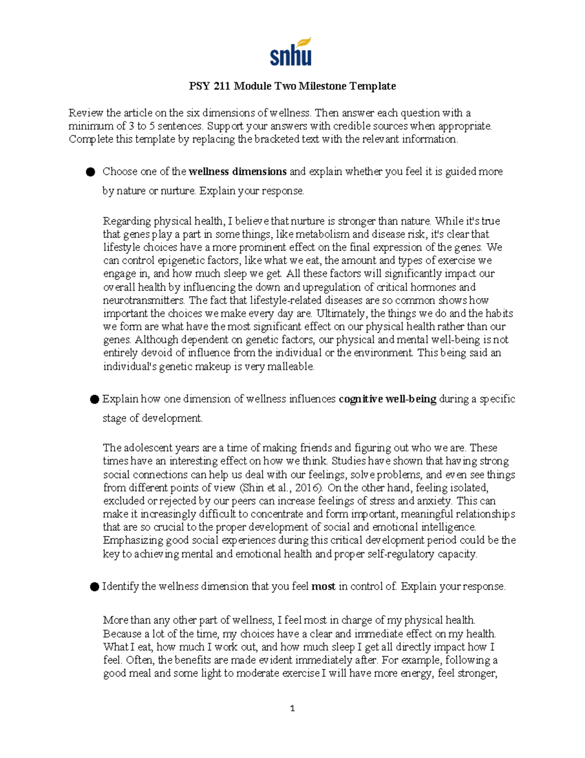 PSY 211 Module Two Milestone Template - PSY 211 Module Two Milestone ...