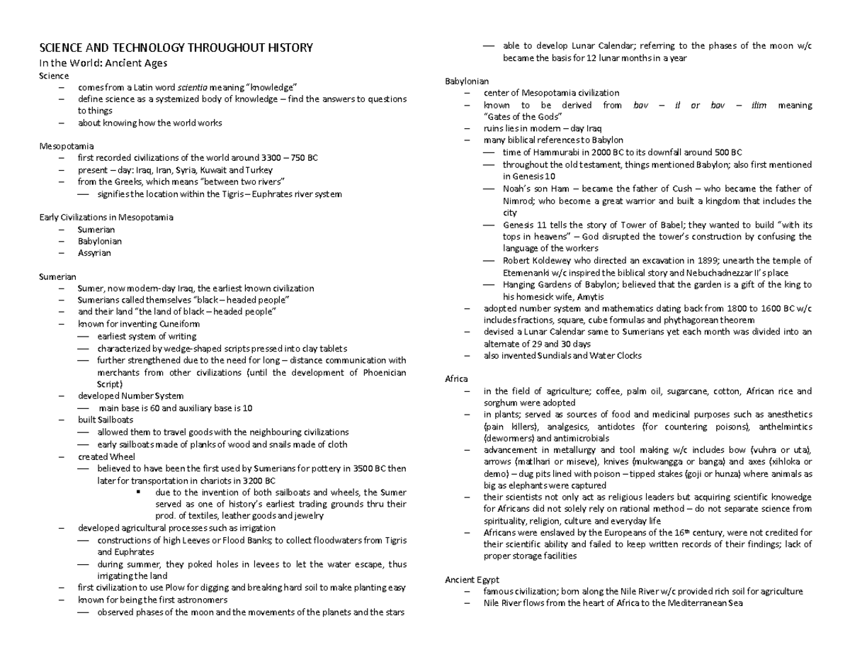 8 - Summary and Notes on Chapter 1 - SCIENCE AND TECHNOLOGY THROUGHOUT ...
