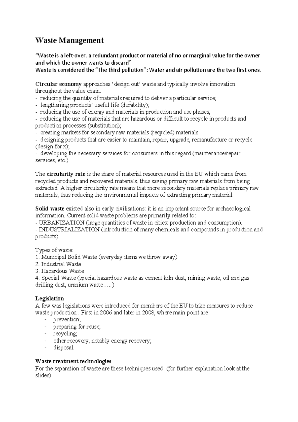 Summary Sustainable Manufacturing waste management - Waste Management ...
