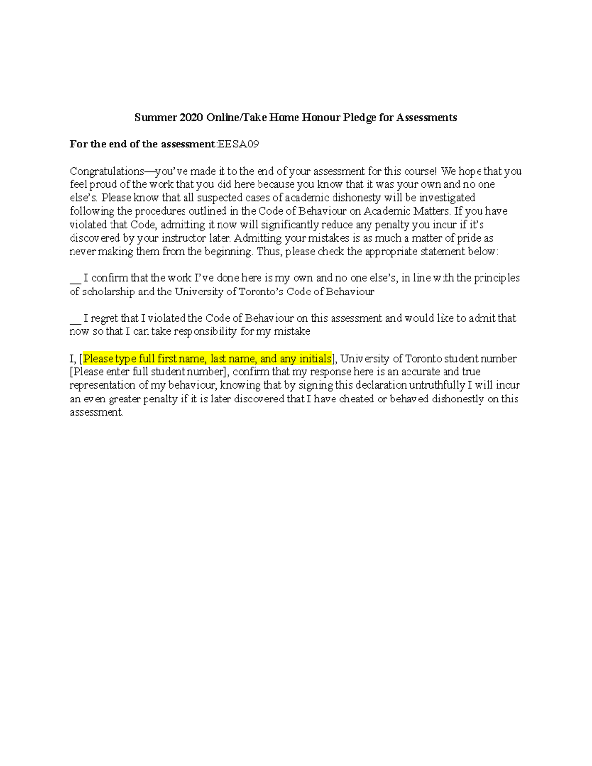 Pledge form tobe filled at the end of the exam EESA09 - Summer 2020 ...