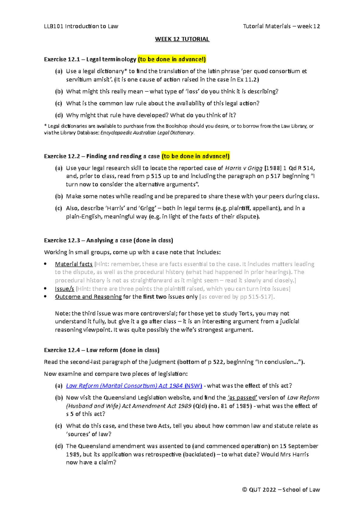 WEEK 12 Tutorial - LLB101 Introduction to Law Tutorial Materials – week ...