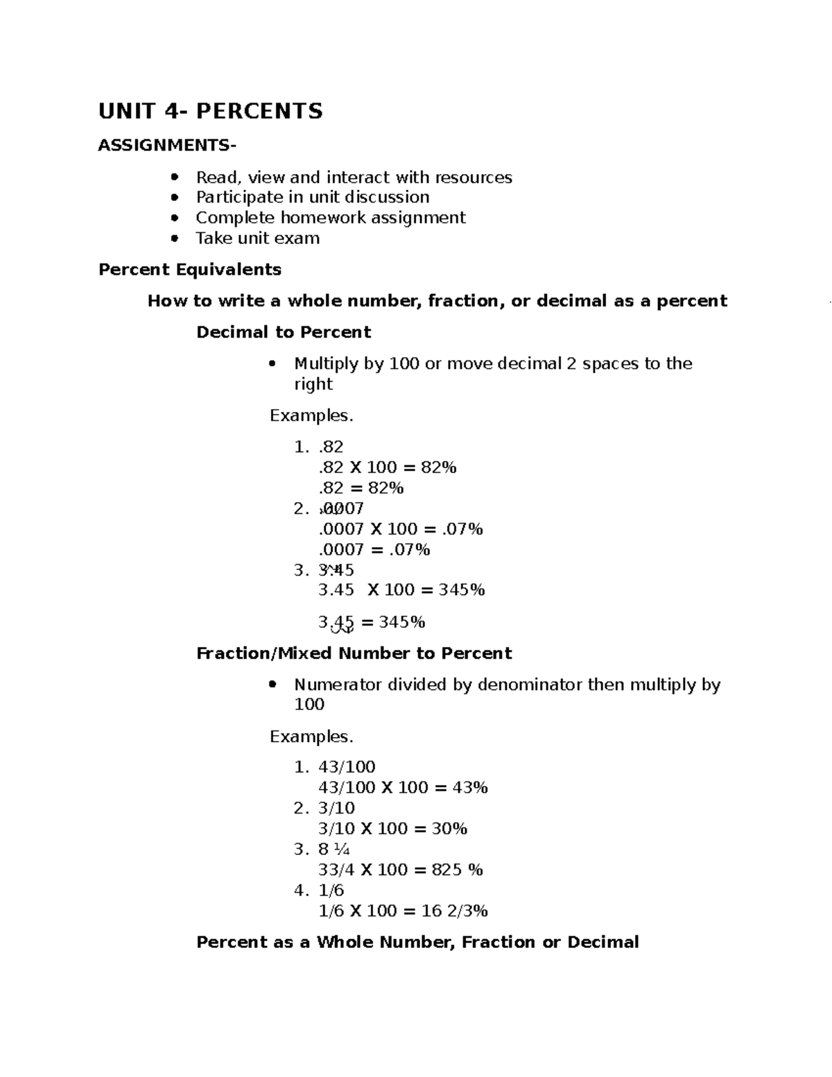 UNIT 4- Percents - Lecture notes 4 - UNIT 4- PERCENTS ASSIGNMENTS- Read ...