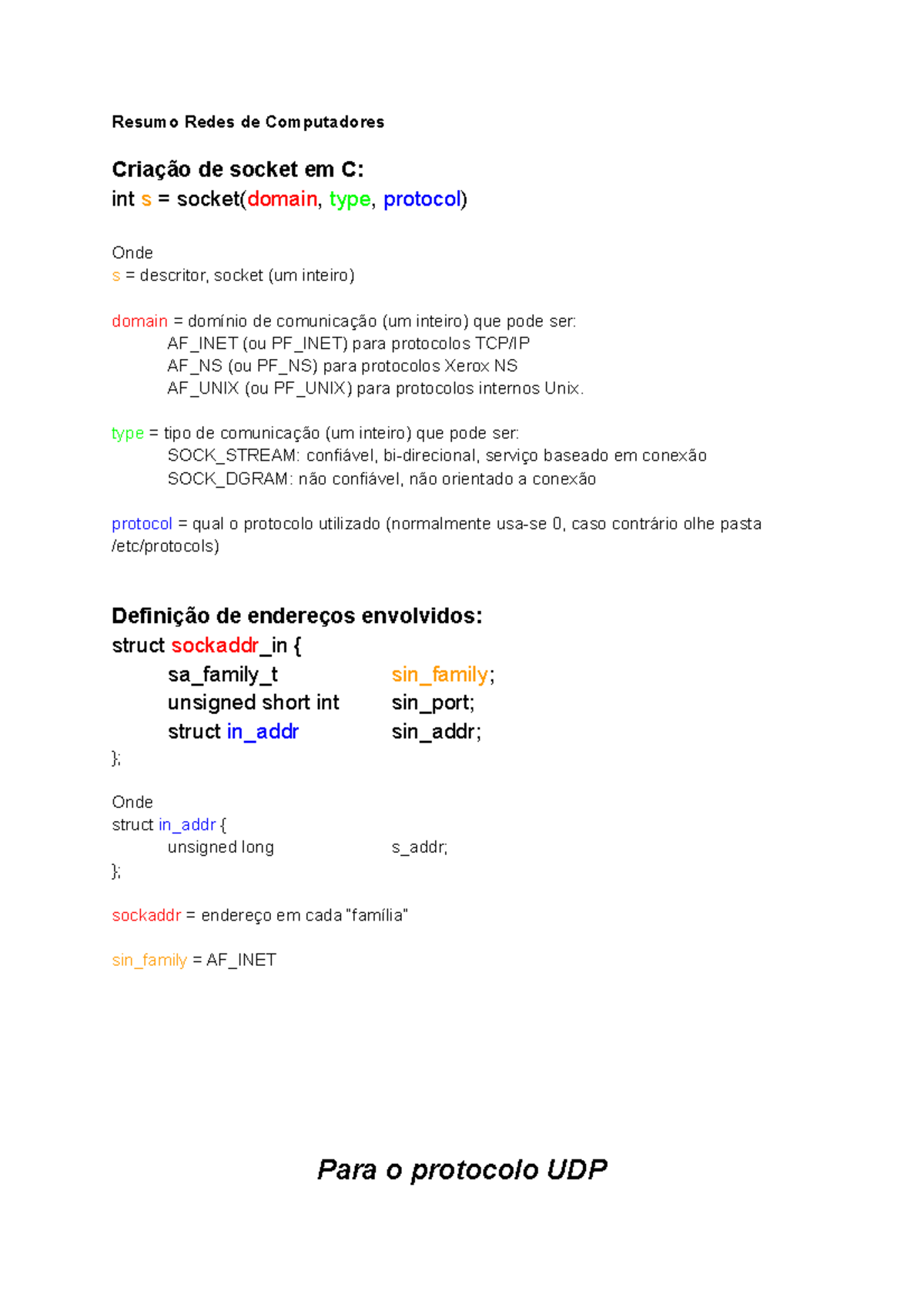 Resumo Programação Redes de Computadores - Resumo Redes de Computadores ...