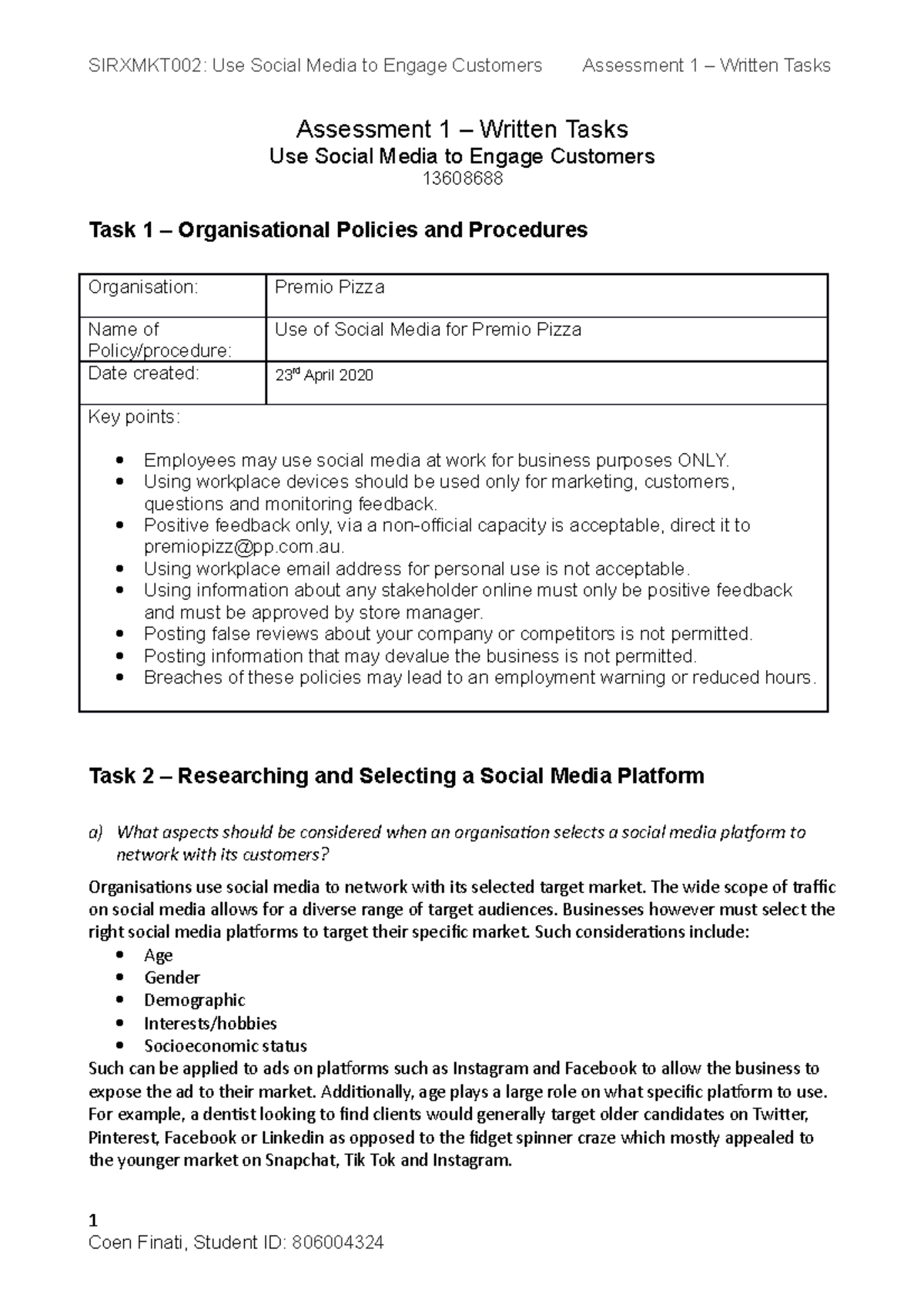 Social Media - Assessment 1 - Assessment 1 – Written Tasks Use Social ...
