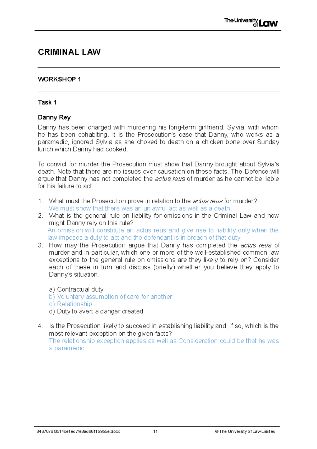 Criminal Law Workshop 1- Task 1 - CRIMINAL LAW WORKSHOP 1 Task 1 Danny ...