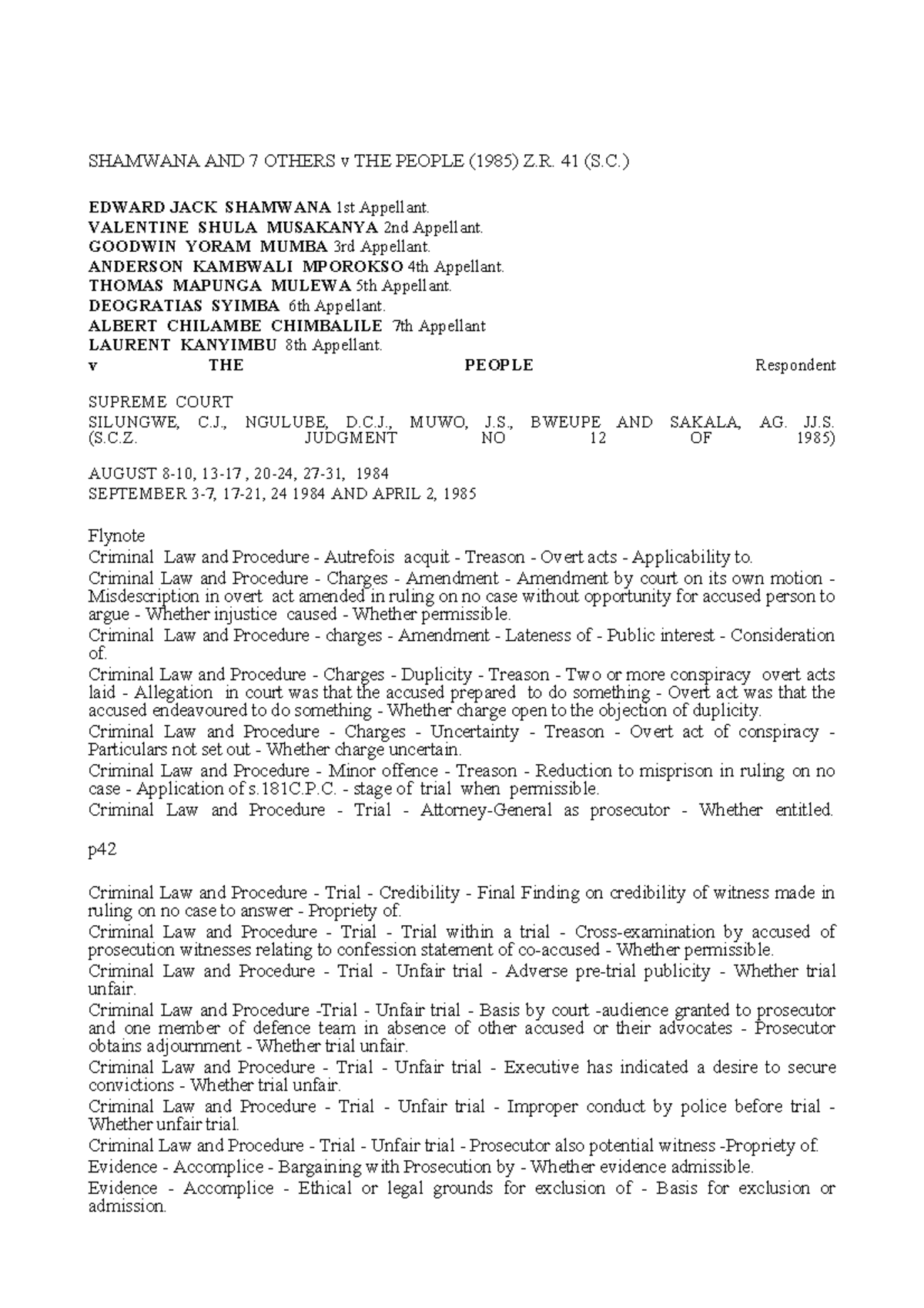 Jack shamwana and 7 others v the peope 1985-zmsc-9 - SHAMWANA AND 7 ...