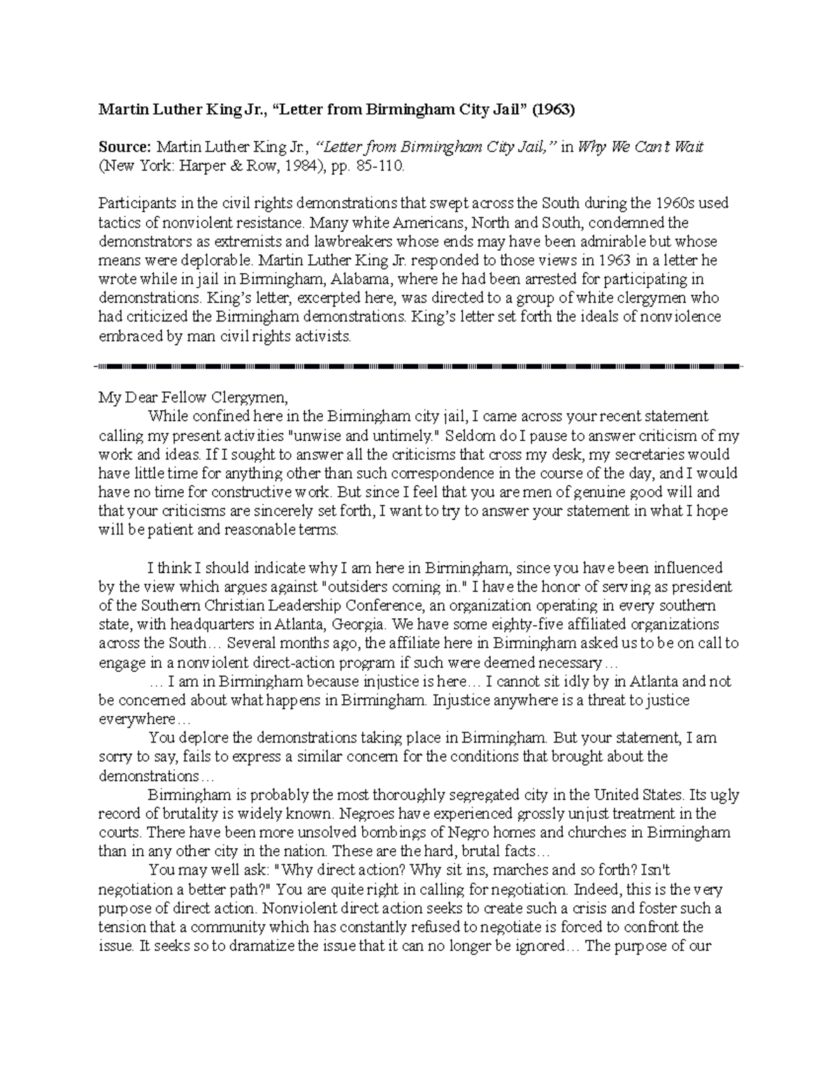 Martin Luther King Jr., “Letter from Birmingham City Jail” (1963 ...