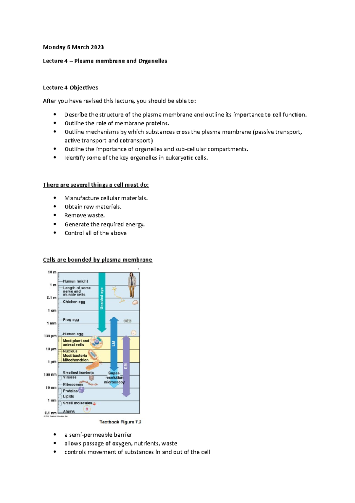 Lecture 4 - notes - Monday 6 March 2023 Lecture 4 – Plasma membrane and ...