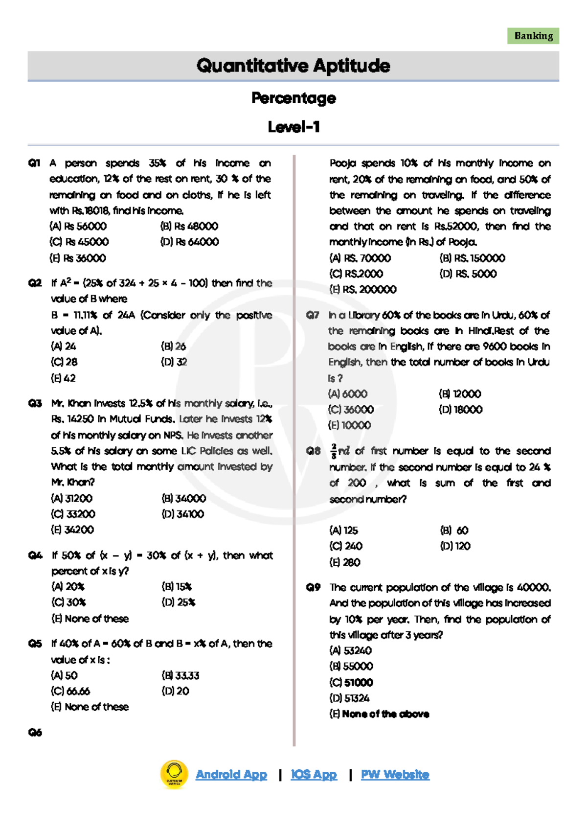 Percentage Chapter Wise DPP (English) - Quantitative Aptitude Q 1 A ...