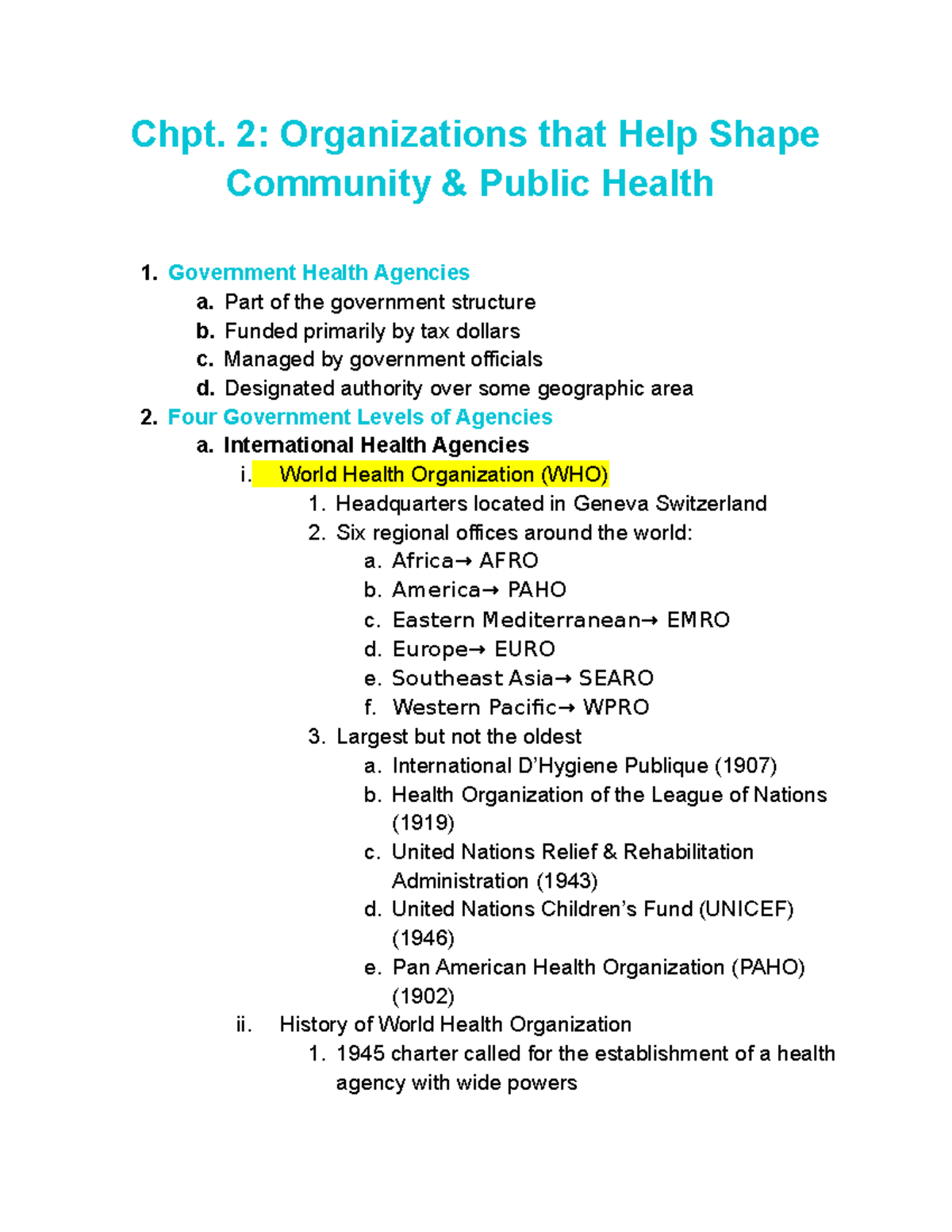Public Health-Chpt. 2 Notes - Chpt. 2: Organizations that Help Shape ...