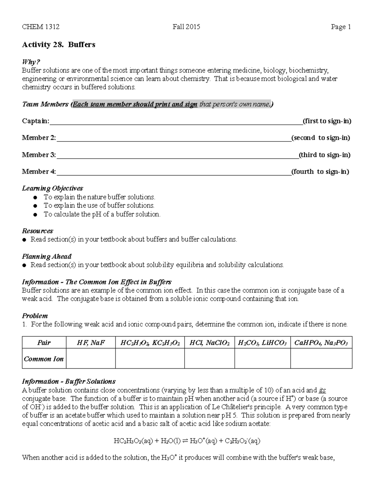 CHEM1312 Buffers in a Solution - CHEM 1312 Fall 2015 Page 1 Activity 28 ...