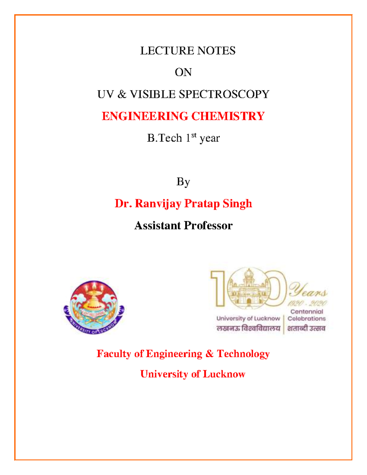 Uv - spectrocopy notes - LECTURE NOTES ON UV & VISIBLE SPECTROSCOPY ...