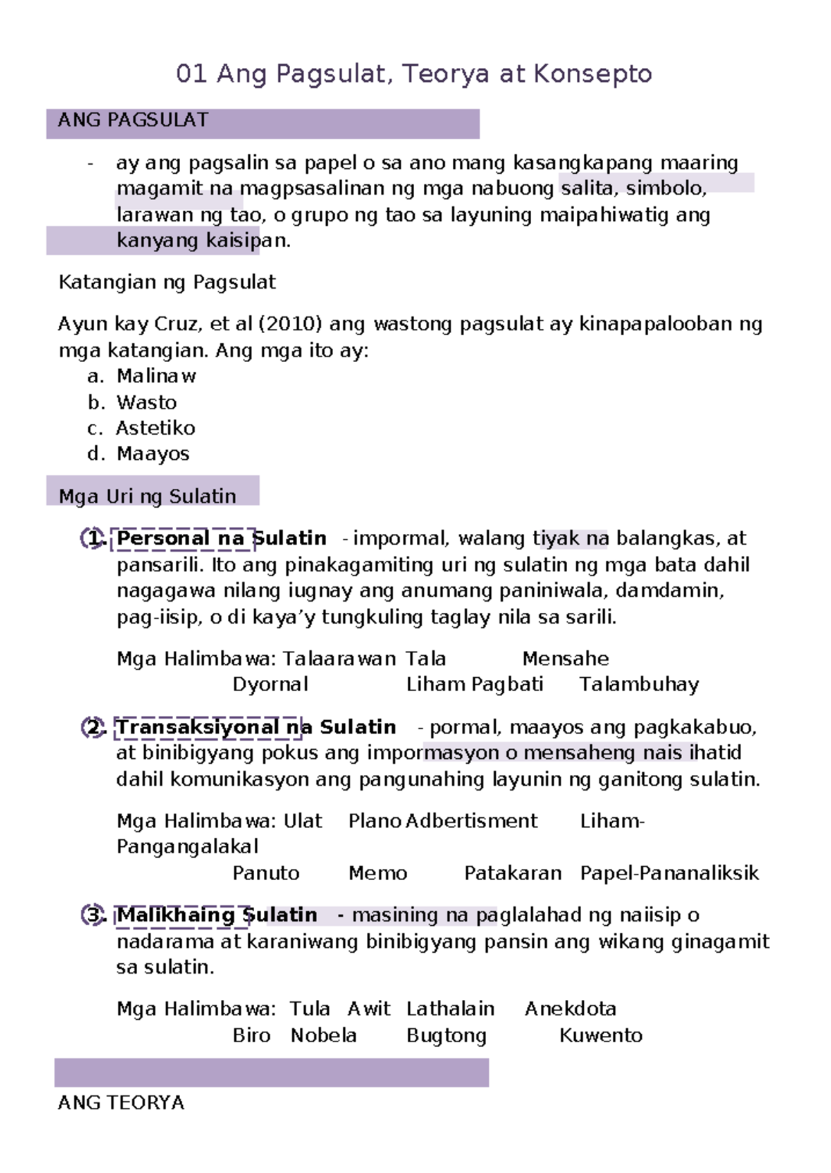 1ST QTR Notes - Filipino SA Piling Larang - 01 Ang Pagsulat, Teorya at ...