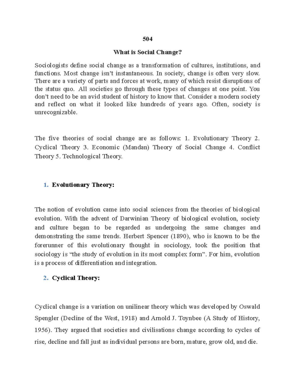 501 - tutorial work - 504 What is Social Change? Sociologists define ...