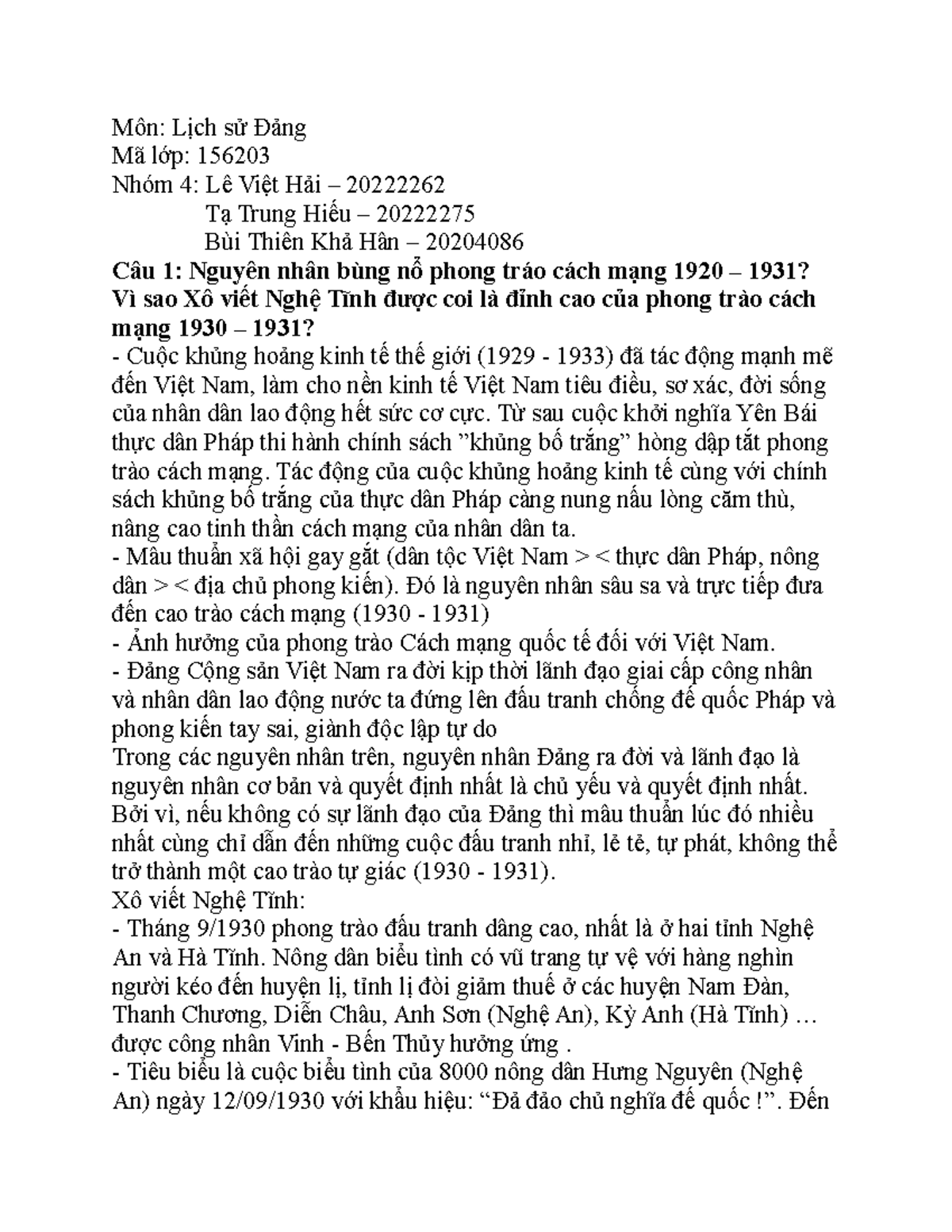 Bài tập LSD - sadsadsad - Môn: Lịch sử Đảng Mã lớp: 156203 Nhóm 4: Lê ...